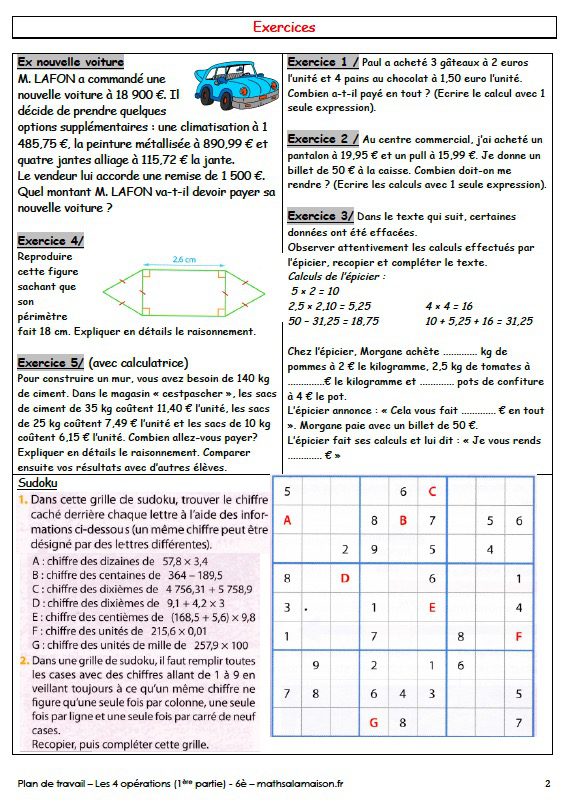 6e Additions, soustractions, multiplications: Plan de travail - Maths à ...
