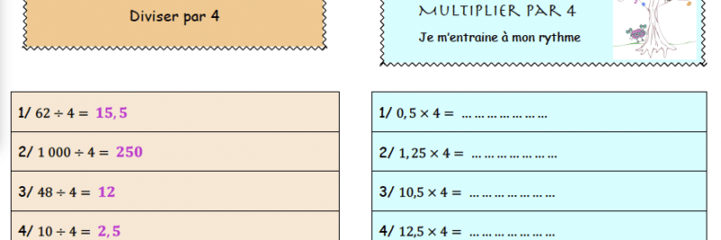 Automatismes: Multiplier par 4 et diviser par 4 - Maths à la maison